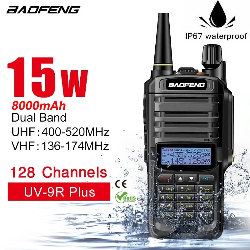 8000mAh 15W Baofeng UV-9R Plus Ham radio IP67 Waterproof UHF/VHF 10-20KM Walkie Talkie Two Way ...
