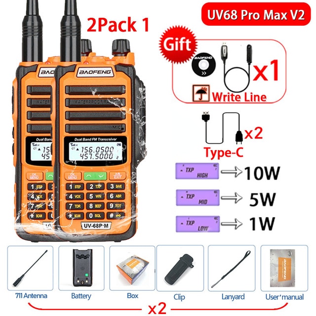 2Pack 10W Tri-Power Baofeng UV-68 PRO MAX V2 IP68 Waterproof Walkie Talkie High Power 711 ...