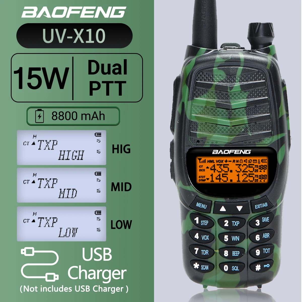 Baofeng UV-X10 15W Walkie Talkie Tri-power Dual Band Long Range 16 KM ...