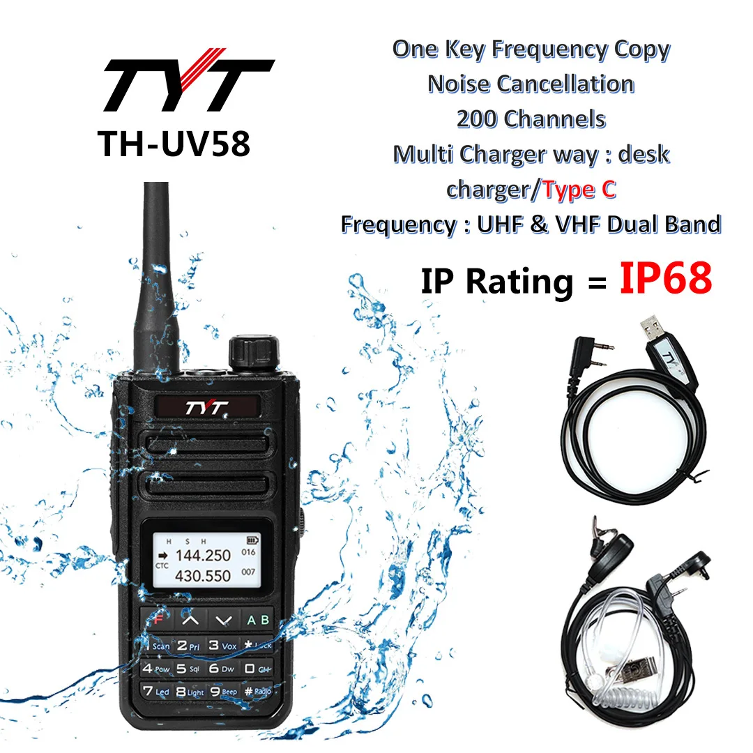 TYT TH-UV58 IP68 Waterproof 10W Power UHF VHF Walkie Talkie 3200mAh Battery USB Type-C Charging ...