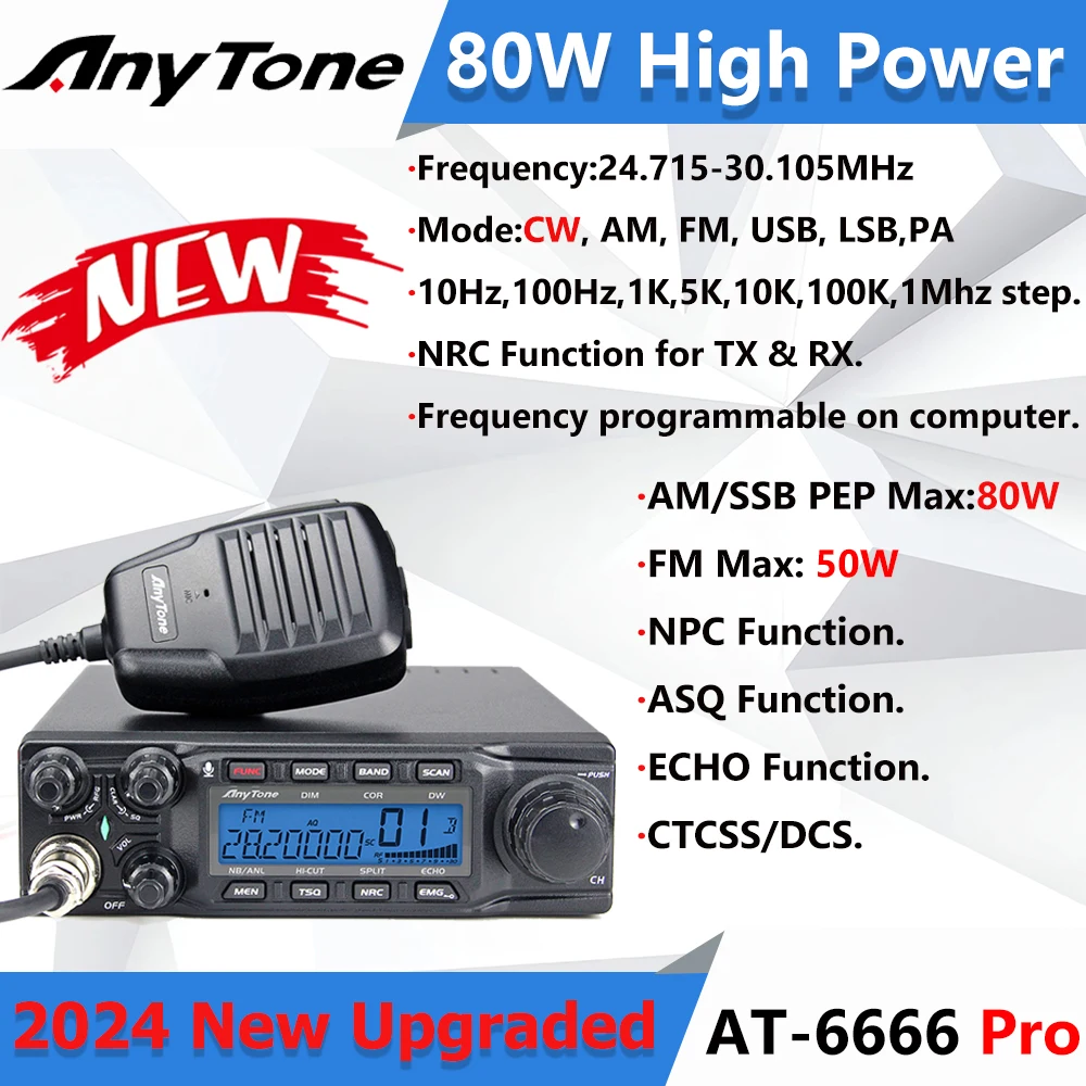 2024 New Anytone AT-6666Pro Output AM 80W FM50W High Power 10 Meter ...
