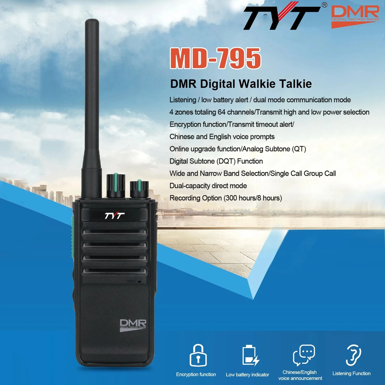 TYT MD-795 DMR Digital Radio UHF 400-470MHz with Voice Encryption 4W/1W Power Portable Walkie ...