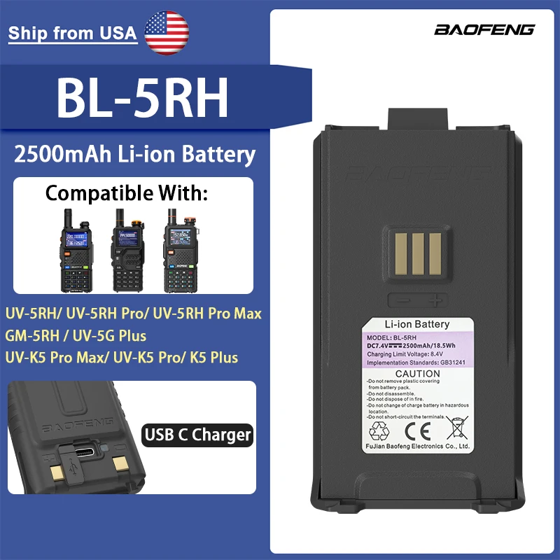 100% Original Baofeng UV-5RH Pro Max Battery GM-5RH Li-ion Battery USB ...