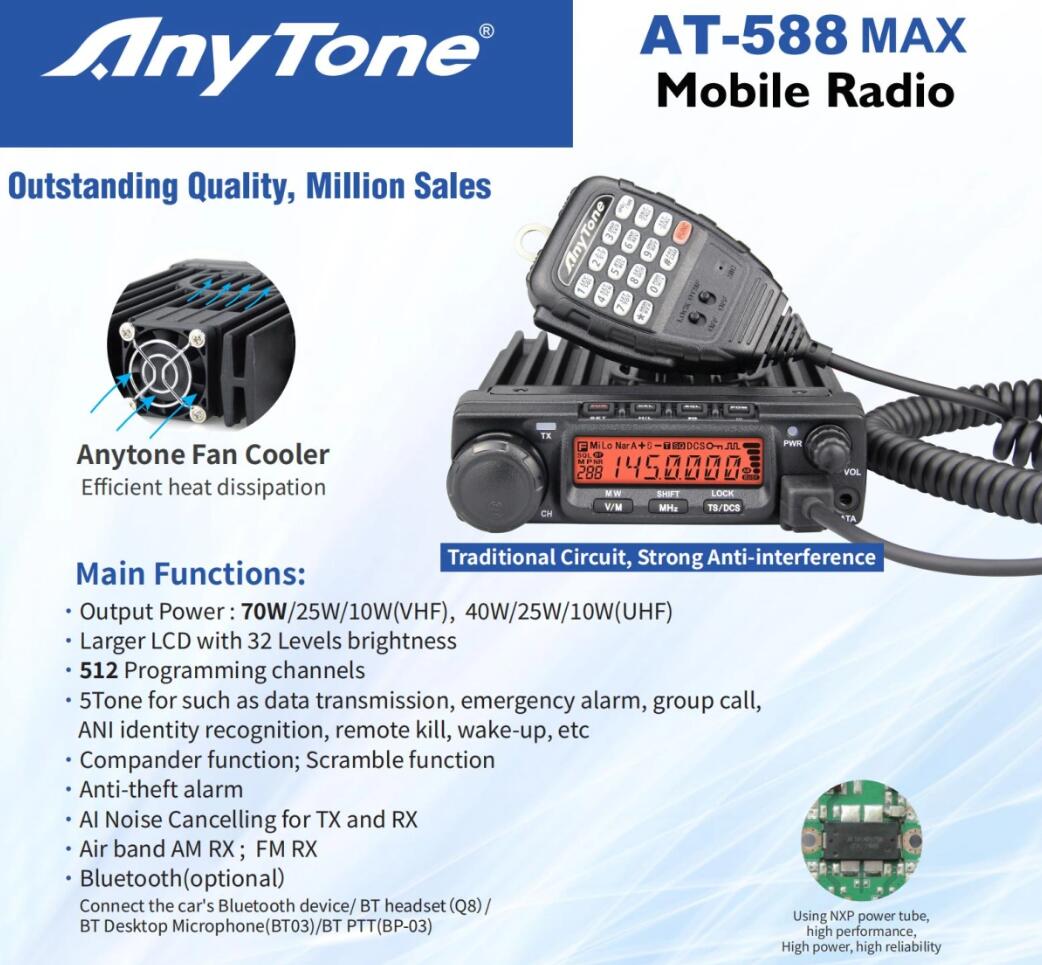 Anytone AT-588Max Mobile Radio 70W Dual Band Bluetooth Connectivity Air ...
