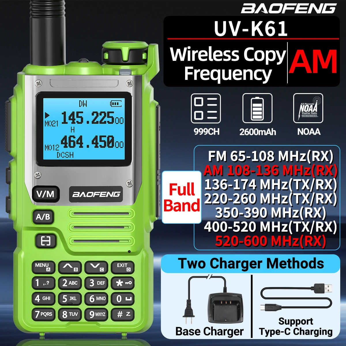 Baofeng UV-K61 Walkie Talkie Air Band Wireless Copy Frequency Type-C Full Band UHF VHF DTMF NOAA ...